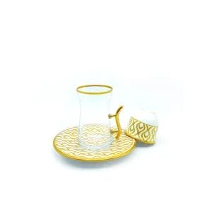 Transparent Turkish Tea Set With Gold Frame | 18 Pieces | BS